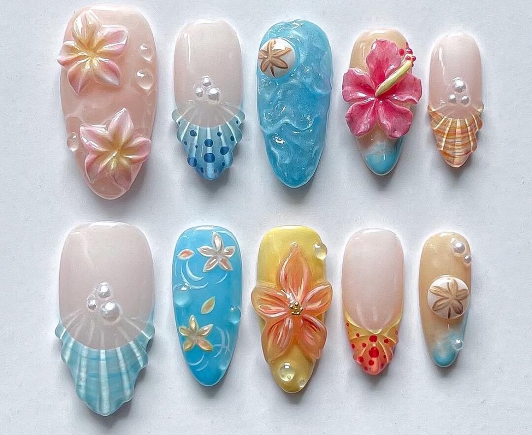 3D Floral Seashell Long Almond Press on Nails – Ocean Wave & Beachy ...