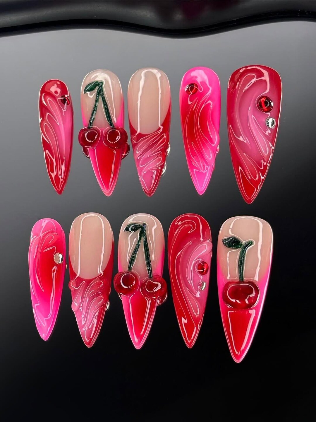 Sunset Cherry 3D Long Stiletto Press on Nails , Summer Inspired Nails ...