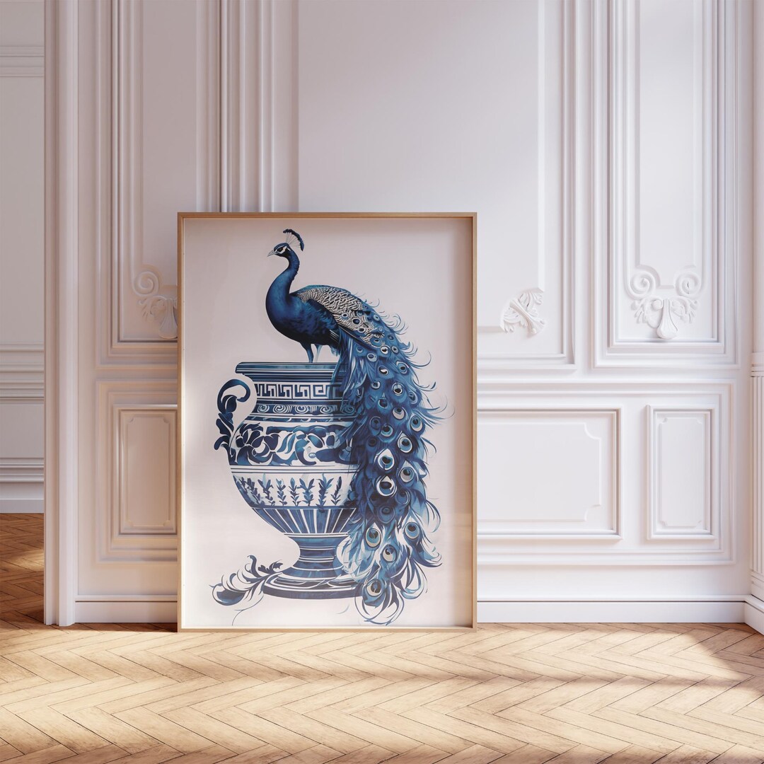 Chinoiserie Peacock on Greek Vase – Blue Bird Wall Art Digital Print ...