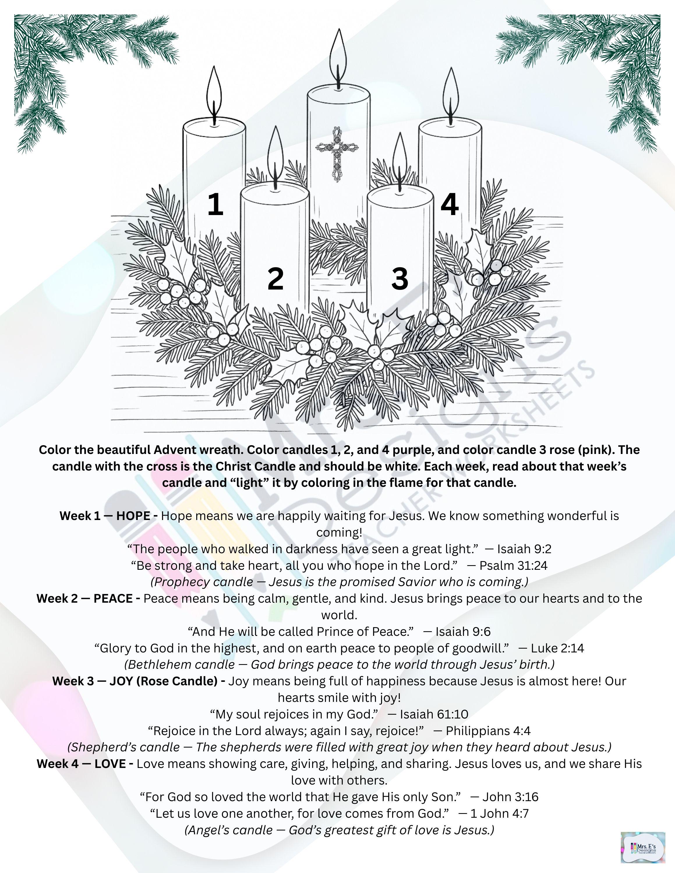Advent Wreath Coloring and Scripture Activity Catholic Preschool ...