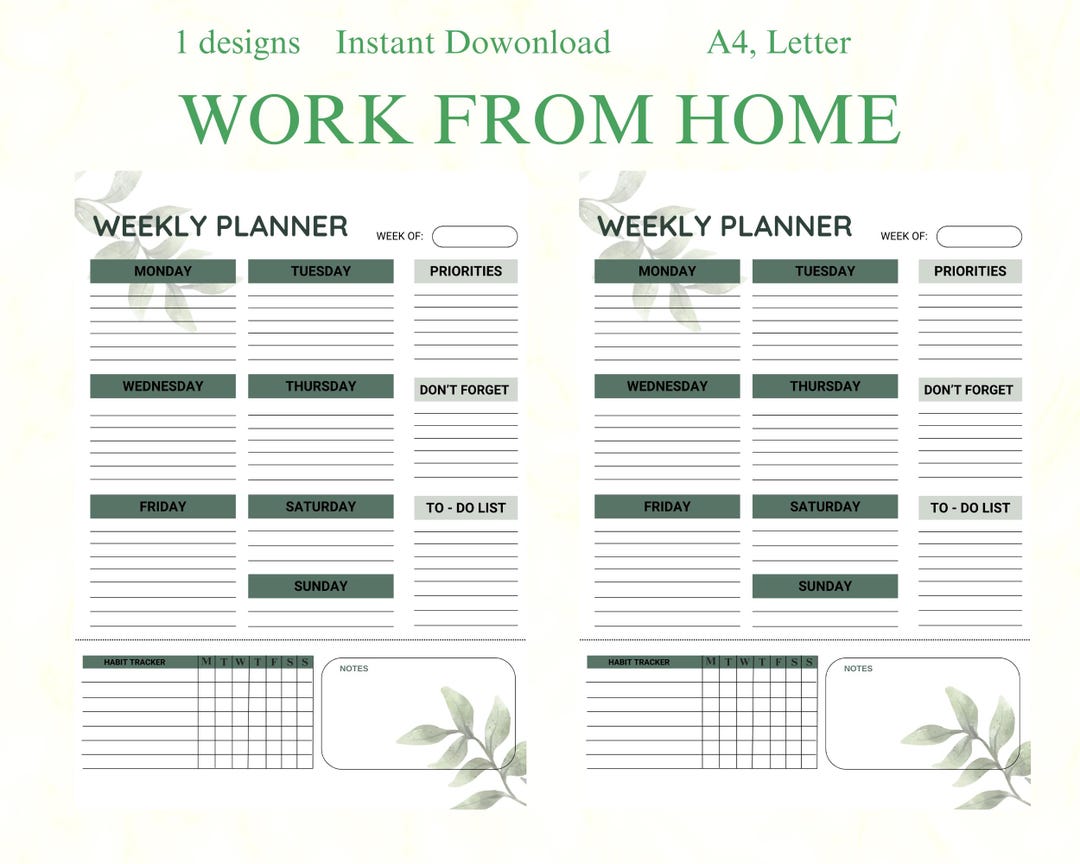Work From Home, Weekly Planner Printable, Digital Download A4 & Letter ...