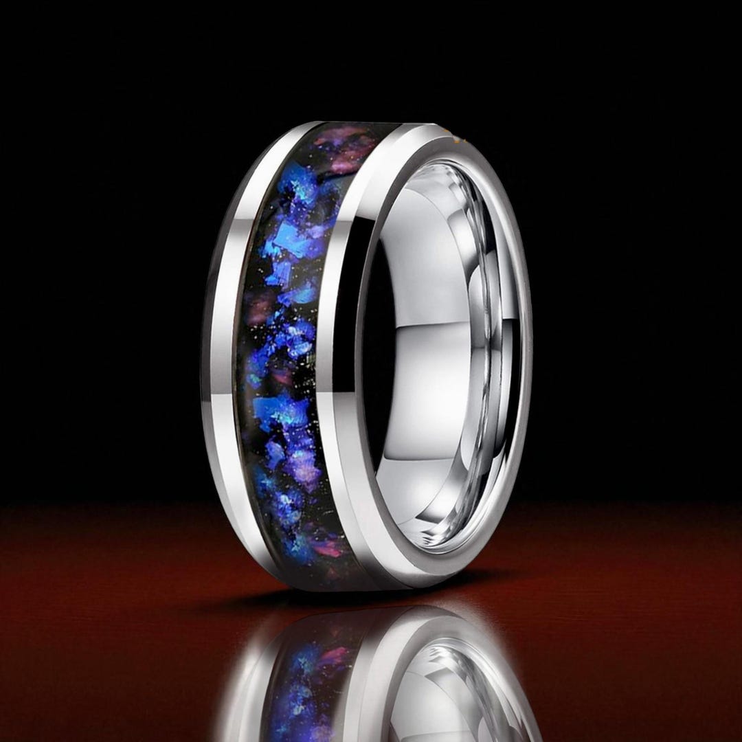 Orion Nebula Opal Inlay Tungsten Ring: Silver Beveled Wedding Band - Etsy
