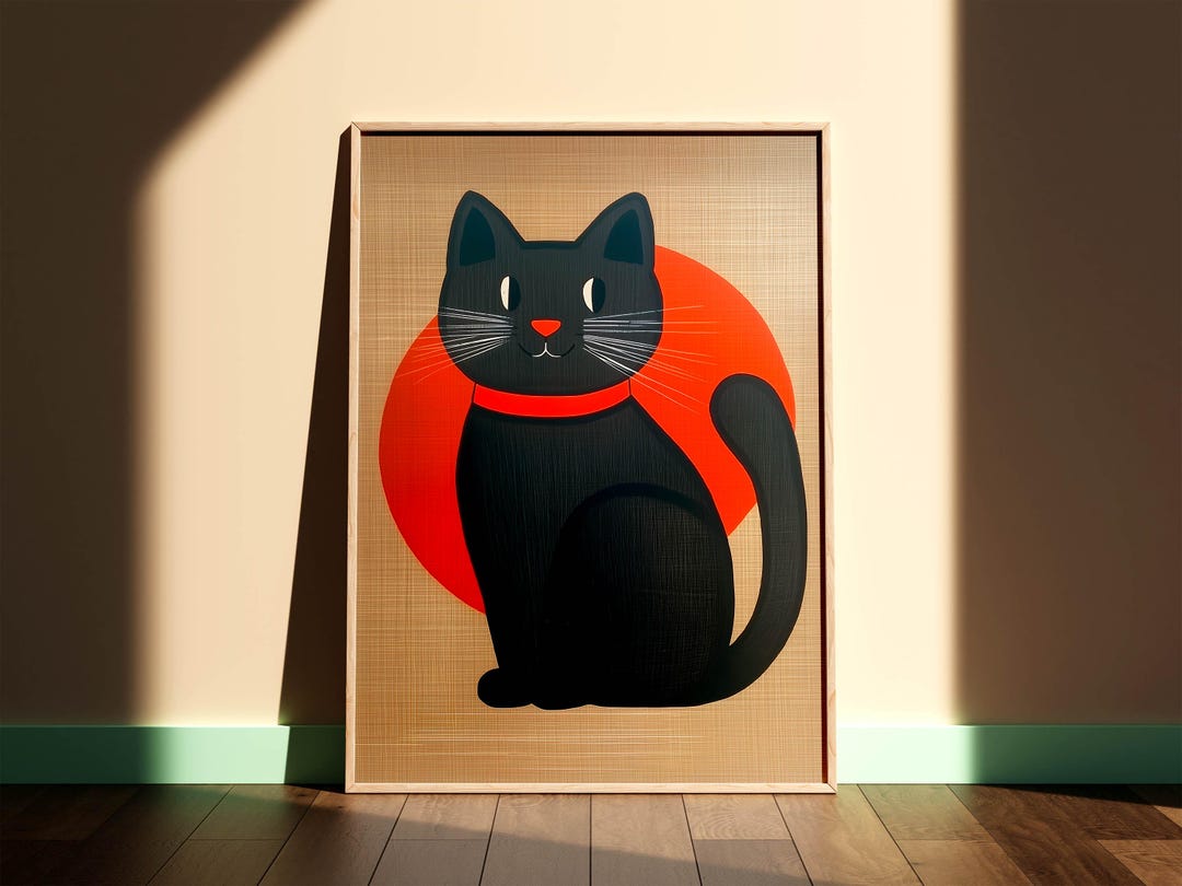 Mid Century Modern Black Cat Art Print: Japandi Retro Decor - Etsy