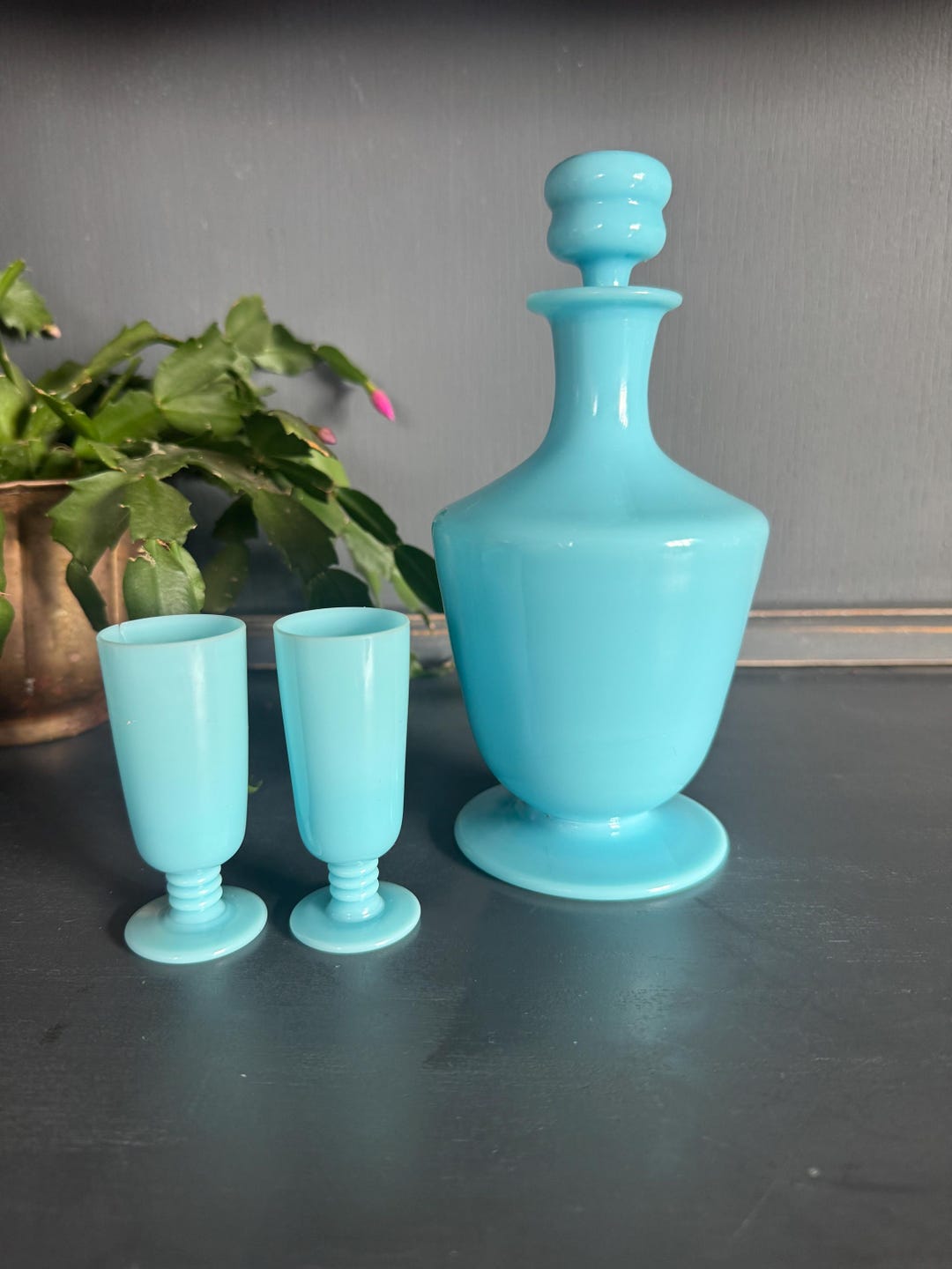 Vintage Portieux Vallerysthal Cordial Set, France, Blue Milk Glass ...