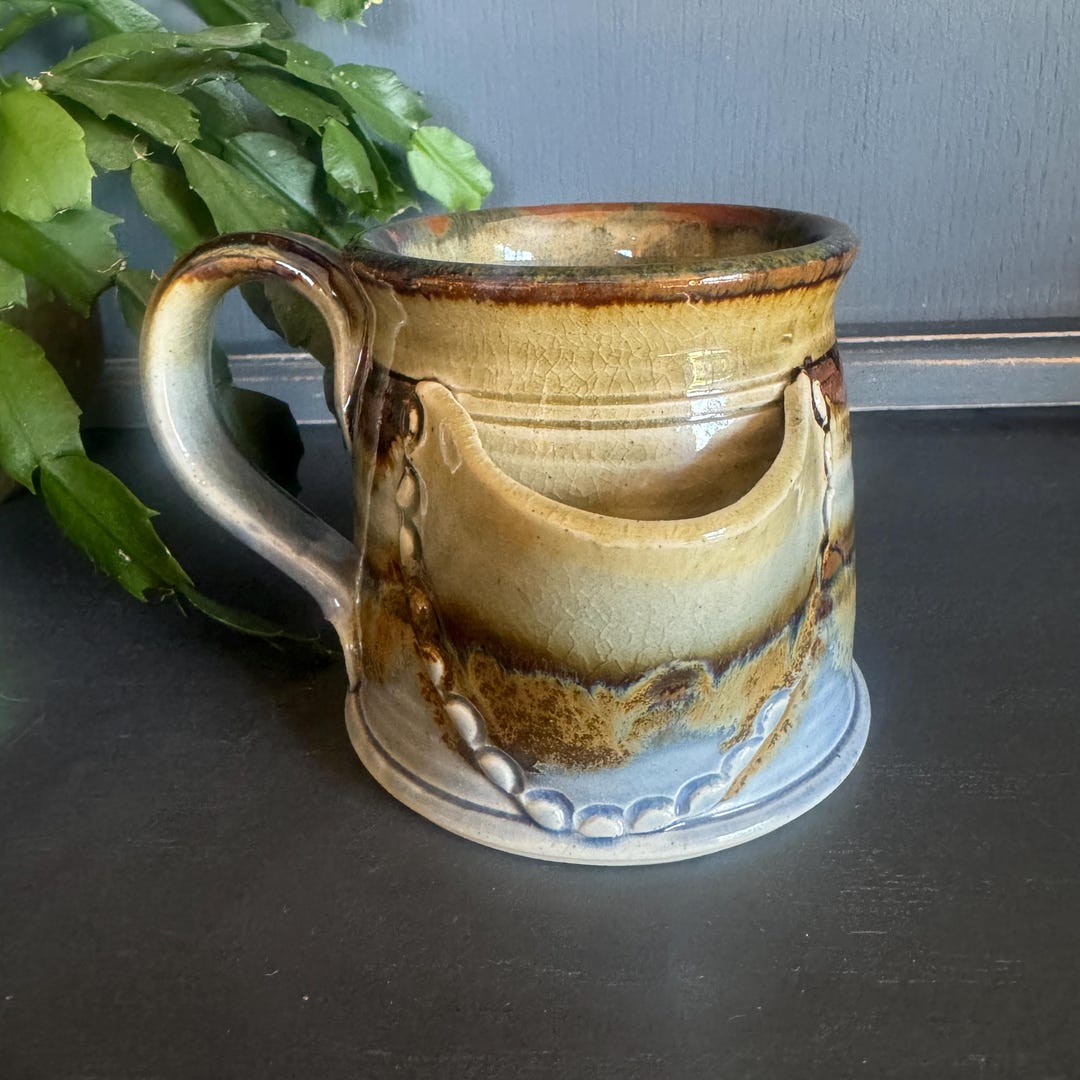 Vintage Handmade Studio Pottery Shaving Scuttle Mug - Earth Tone Drip ...