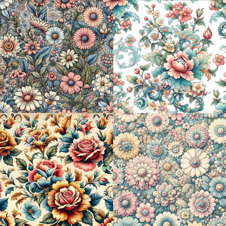 Vintage Floral Digital Paper Bundle | 16 Unique Designs | 12"x12" | 300 ...