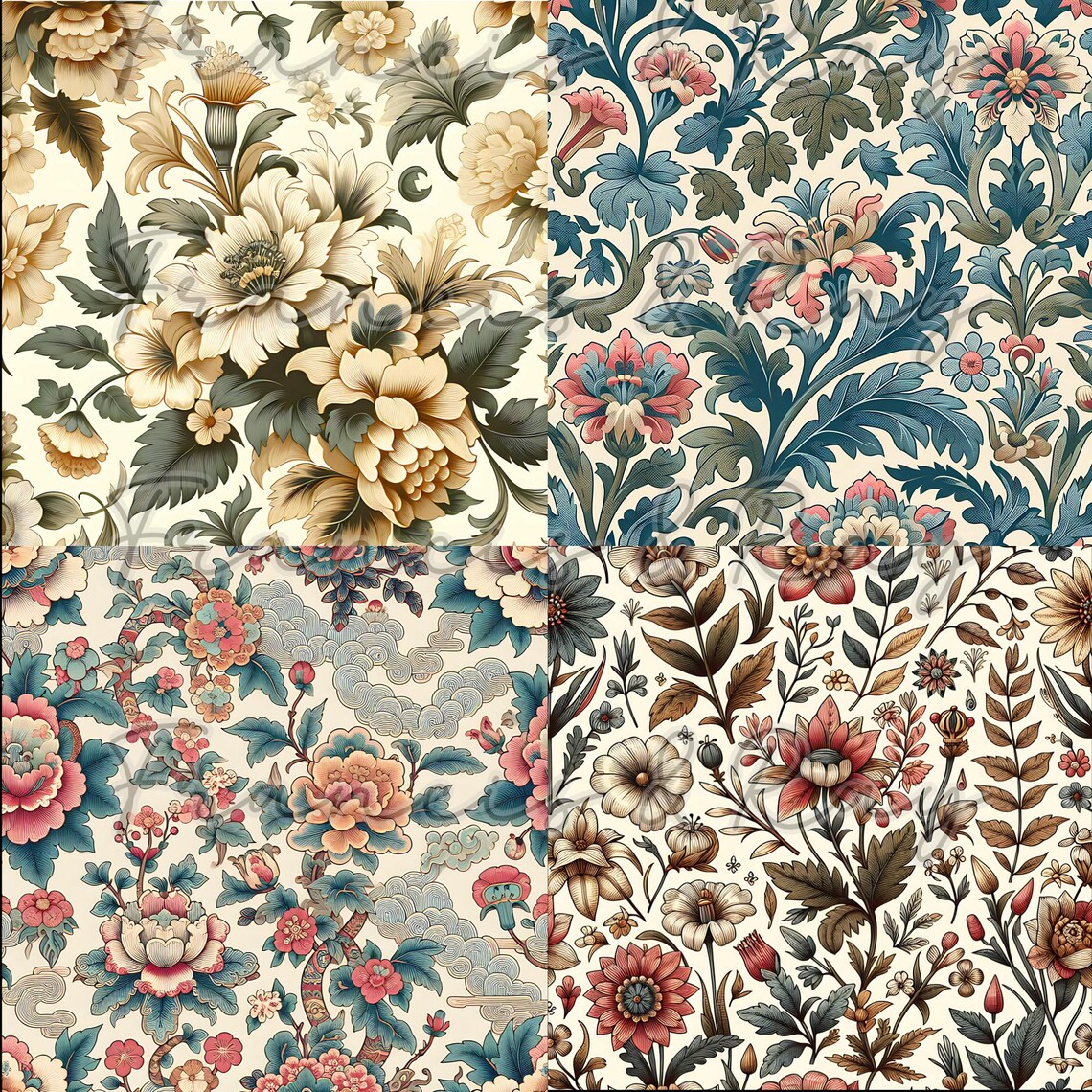 Vintage Floral Digital Paper Bundle | 16 Unique Designs | 12"x12" | 300 ...