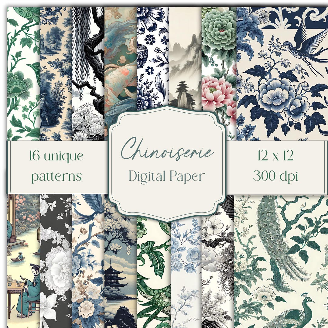Chinoiserie Digital Paper Pack – 16 12x12" Patterns | Vintage Floral ...