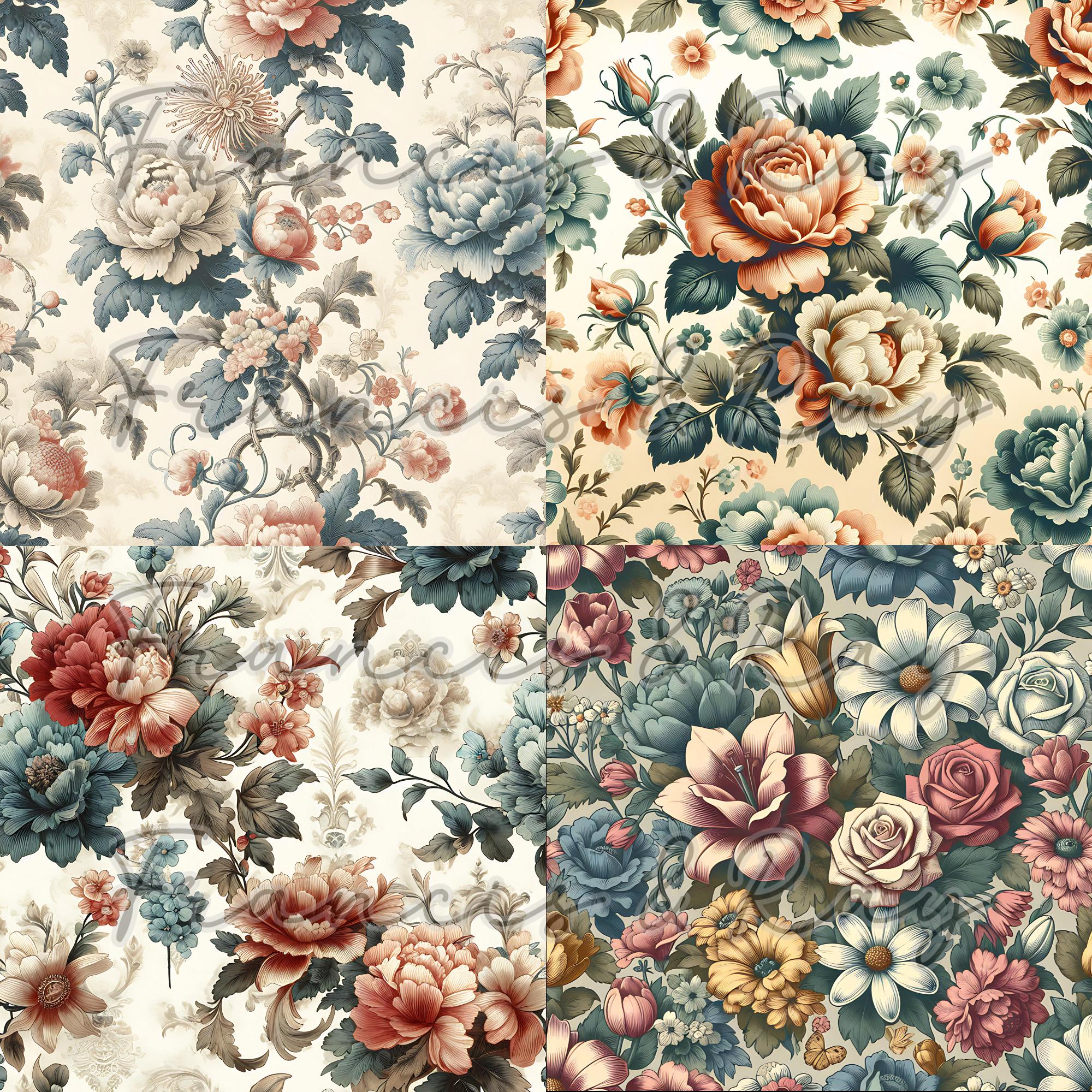 Vintage Floral Digital Paper Bundle | 16 Unique Designs | 12"x12" | 300 ...