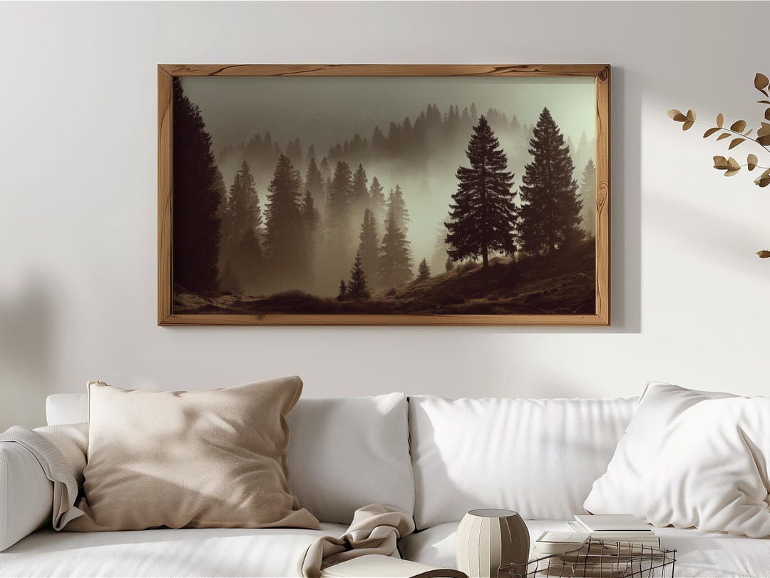 Foggy Evergreen Forest Frame TV Art Moody Sepia Landscape Wall Decor ...
