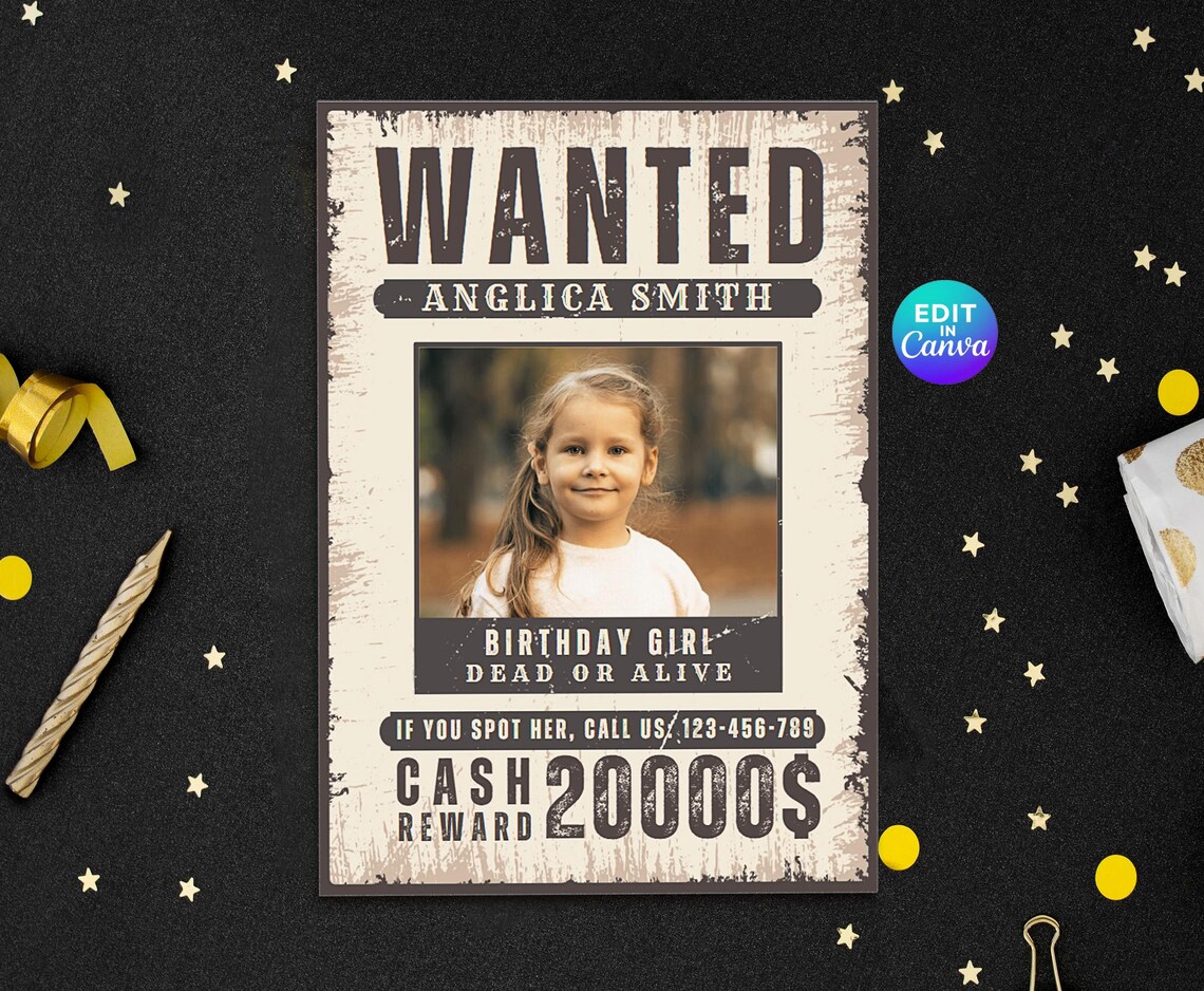 Editable Wanted Birthday Sign Posters Canva Template, Printable Custom ...
