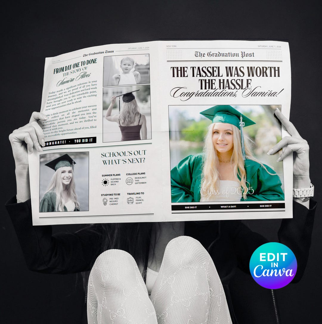 Canva Graduation Newspaper Template: Photo Grad Announcement (digital ...