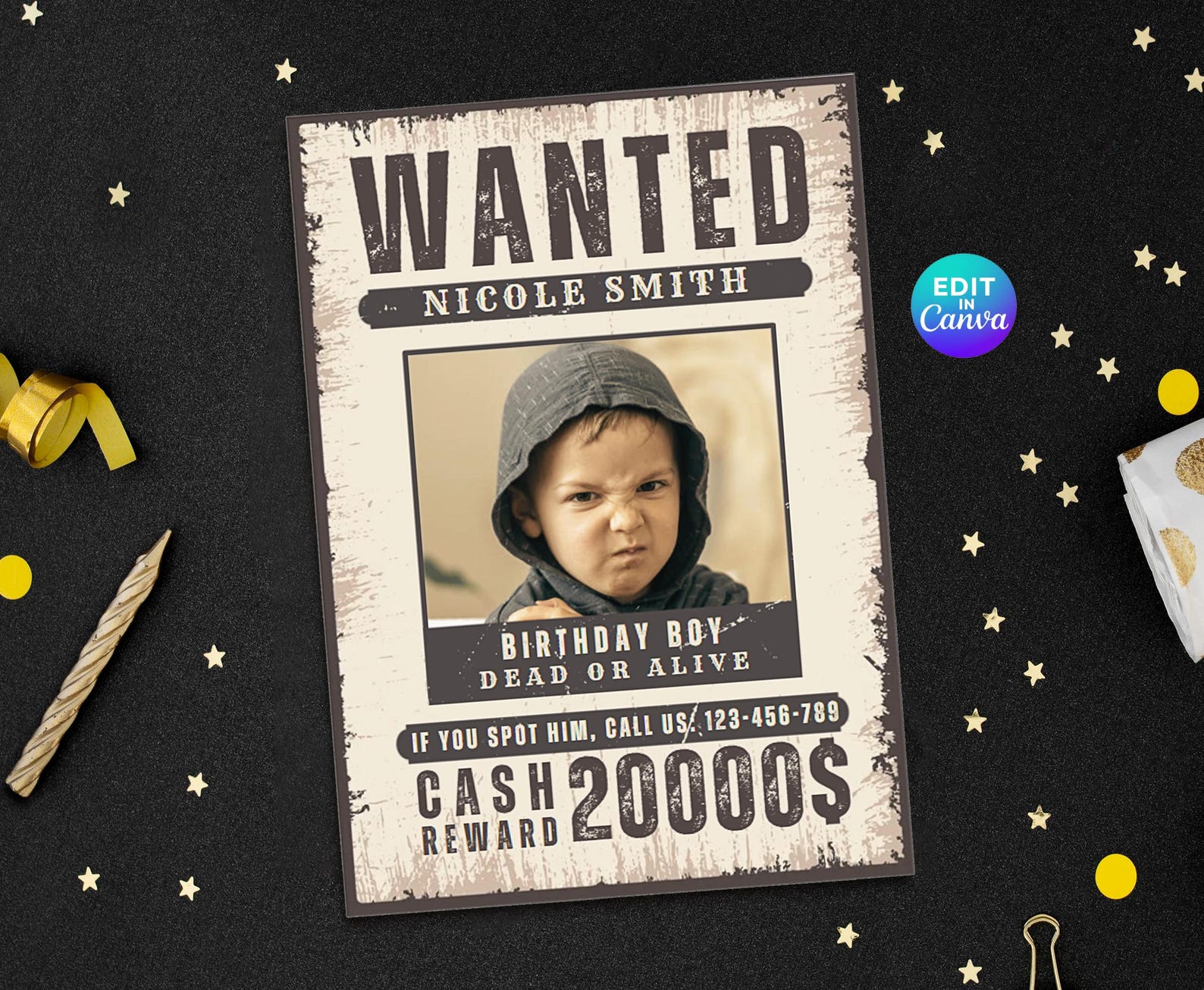 Editable Wanted Birthday Sign Posters Canva Template, Printable Custom ...