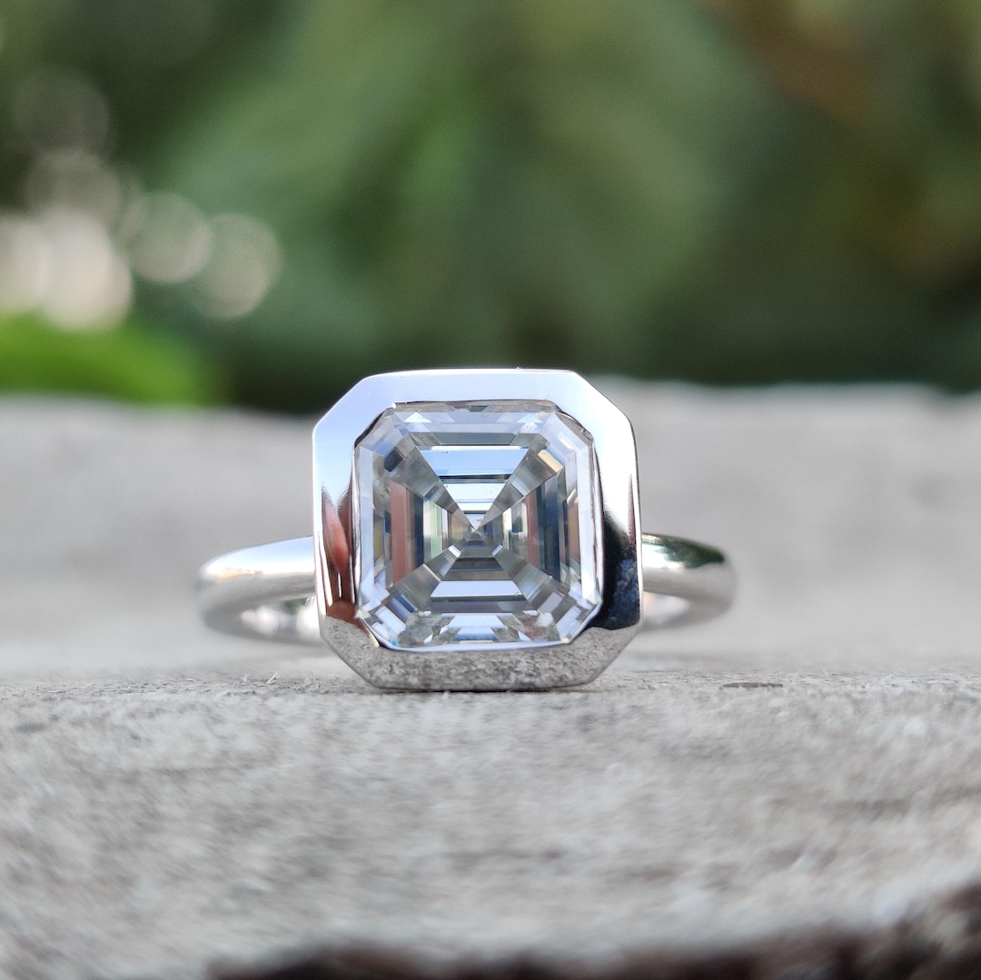 Asscher Cut Bezel Set Ring, Solid Gold Square Engagement Ring, Full ...