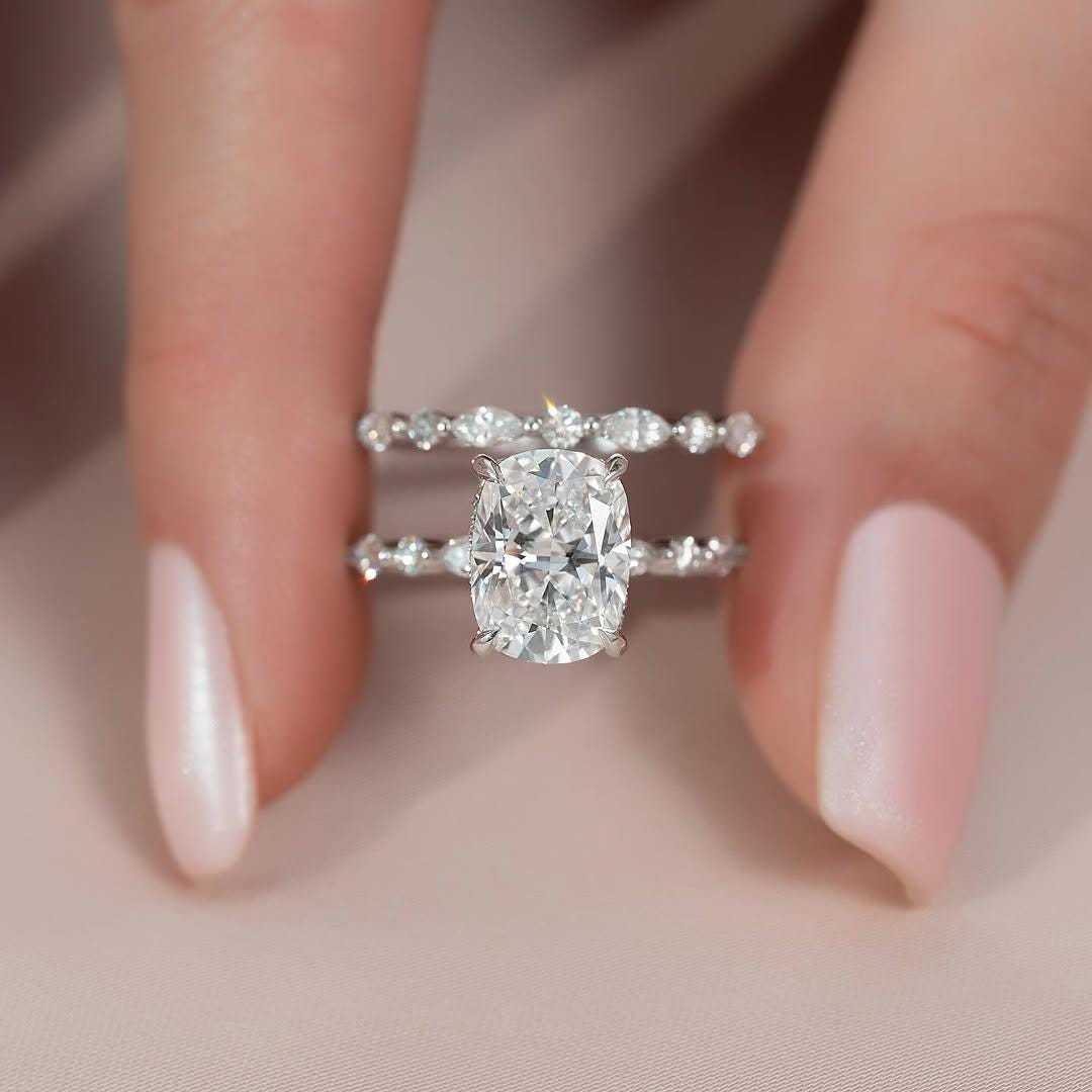2.00 Carat Elongated Cushion Cut Lab-grown Diamond Bridal Ring Set ...