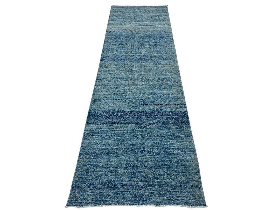 10 Ft Fine Blue Oriental Runner Area Rug, Hand Knotted Rug, Tribal Rug ...