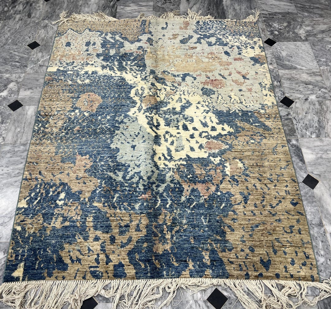 5x7 Blue Modern Oriental Area Rug, Hand Knotted Rug, Bedroom Rug ...