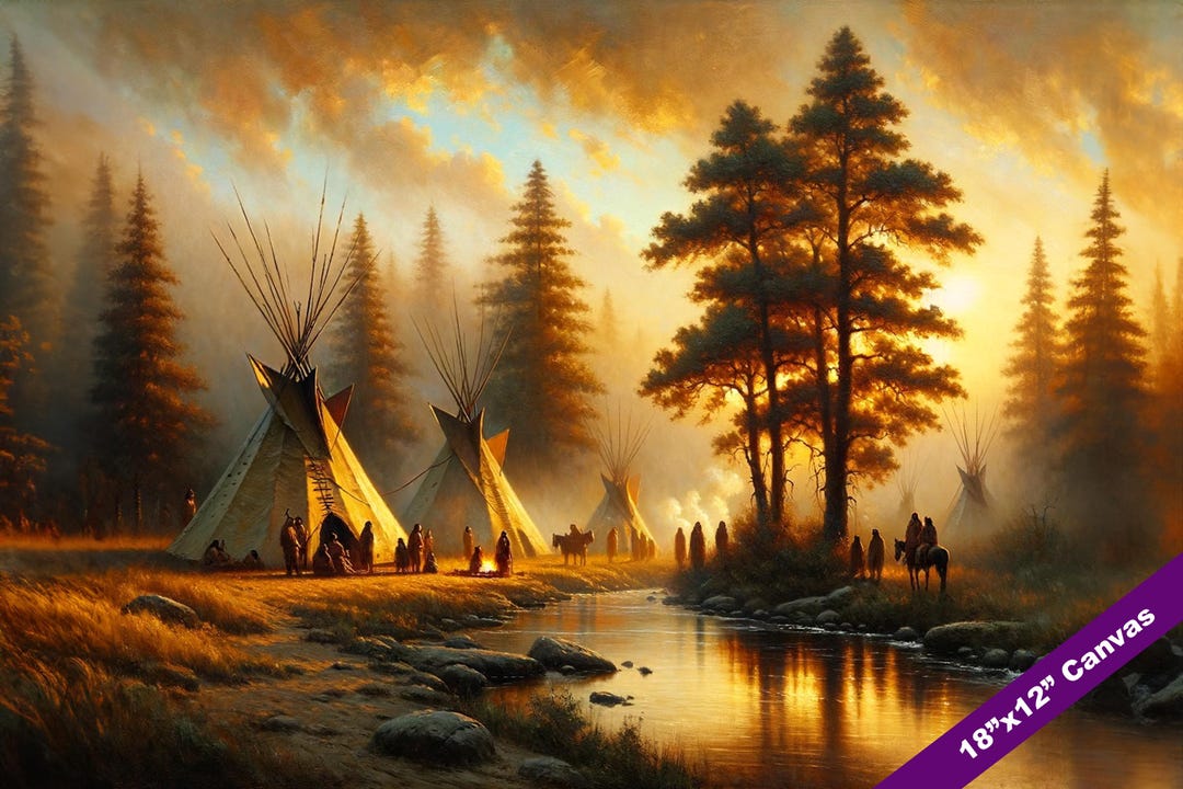 Native American Indian Tribe Camp Sunset Painting Real Canvas Art Print ...