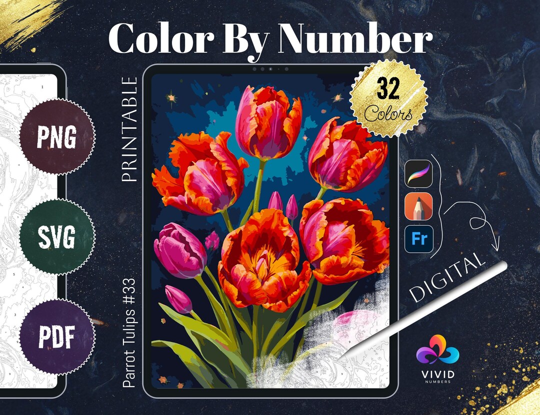Tulips Color by Numbers for Adults Printable Paint by Numbers Digital ...