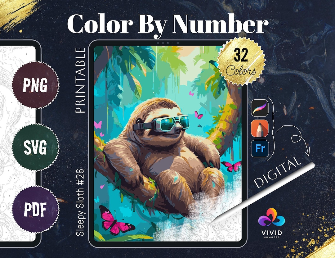 Sloth Coloring by Numbers for Adults Printable Paint by Numbers Digital ...