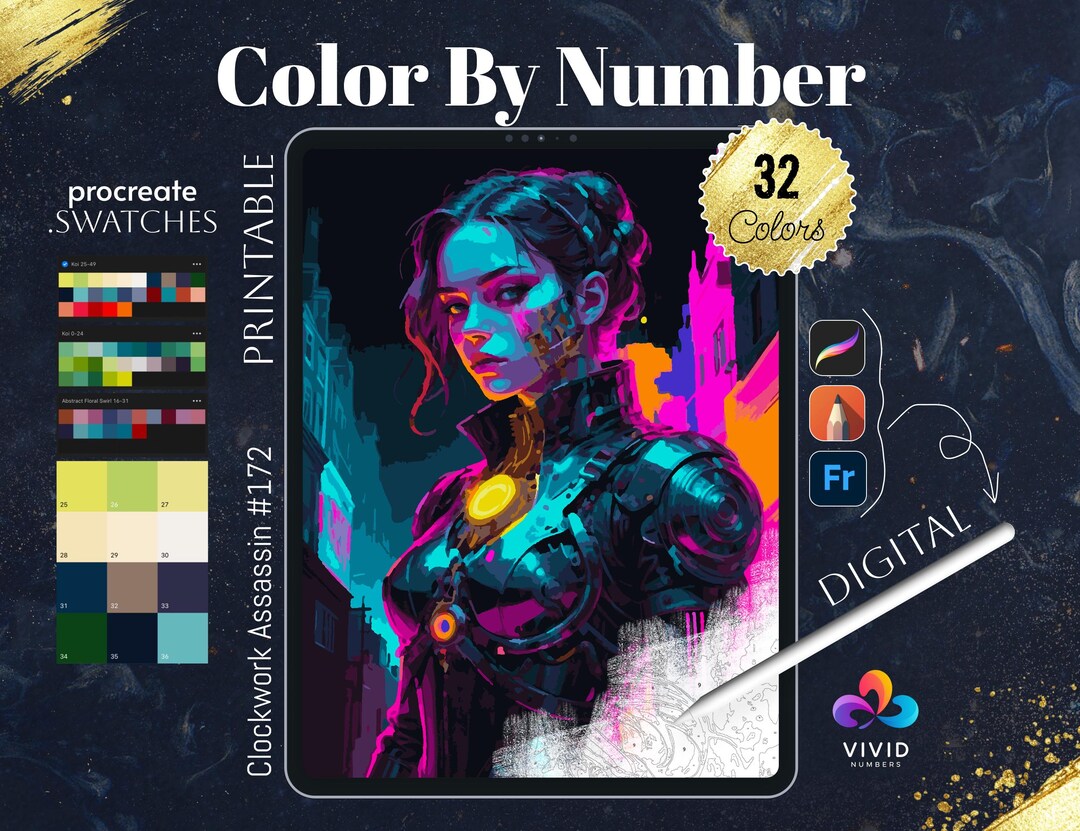 Clockwork Assassin Color by Numbers Printable Paint by Numbers Digital Coloring Pages Procreate ...