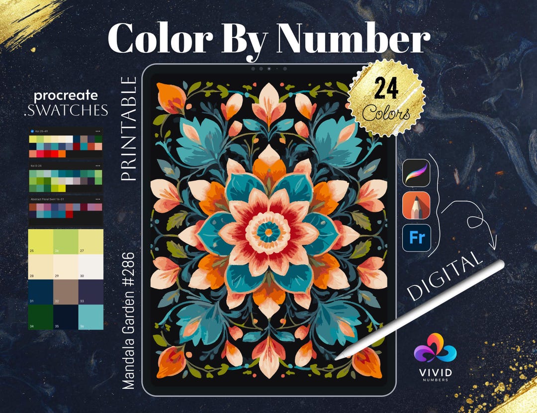 Mandala Garden Coloring by Number Paint by Numbers Digital Coloring ...