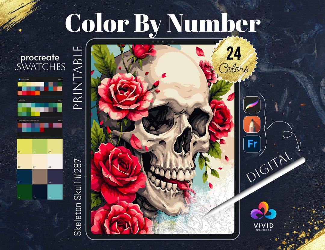 Skeleton Skull Color by Numbers for Adults Printable Paint by Numbers ...