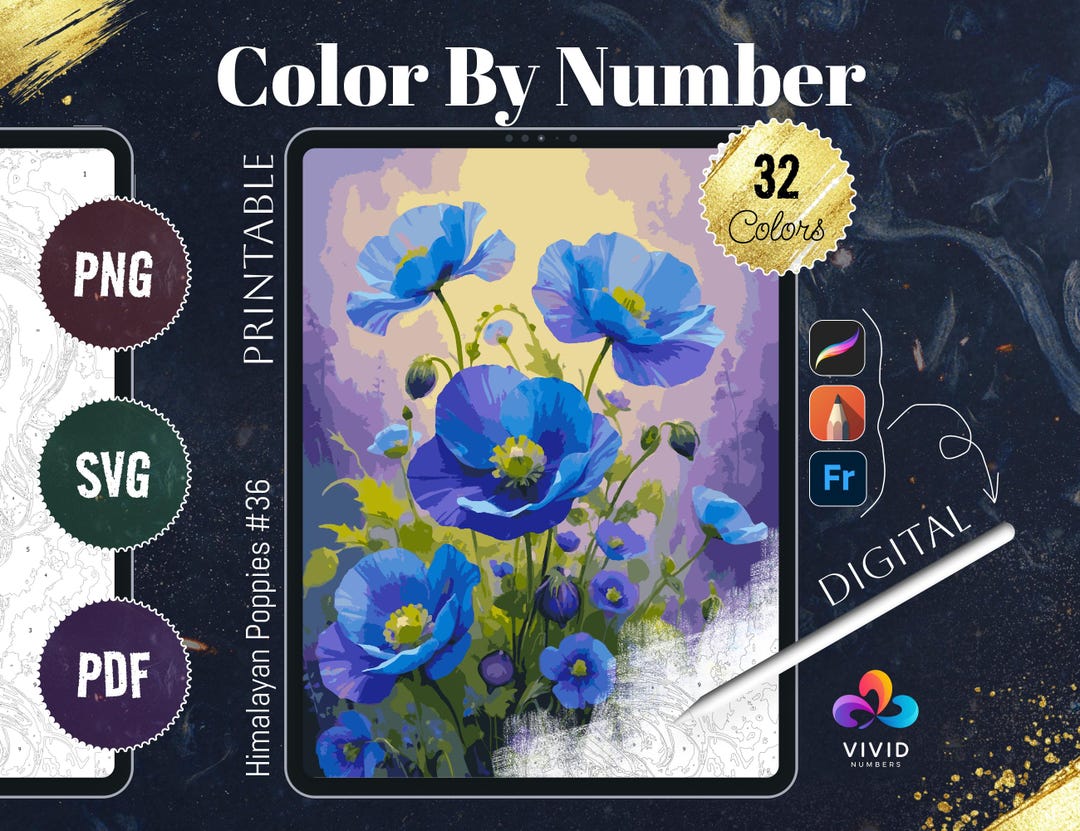 Himalayan Poppies Color by Number Printable PDF Paint by Numbers ...