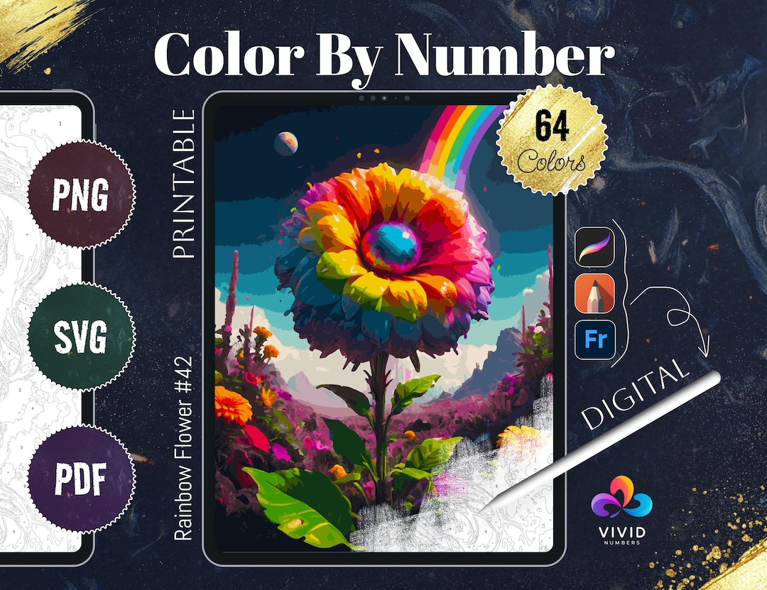 Rainbow Flower Coloring by Number Printable Paint by Numbers Digital ...