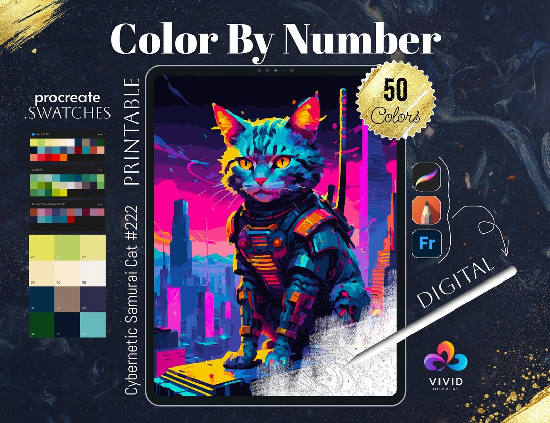 Cybernetic Samurai Cat Color by Numbers Printable Paint by Numbers ...