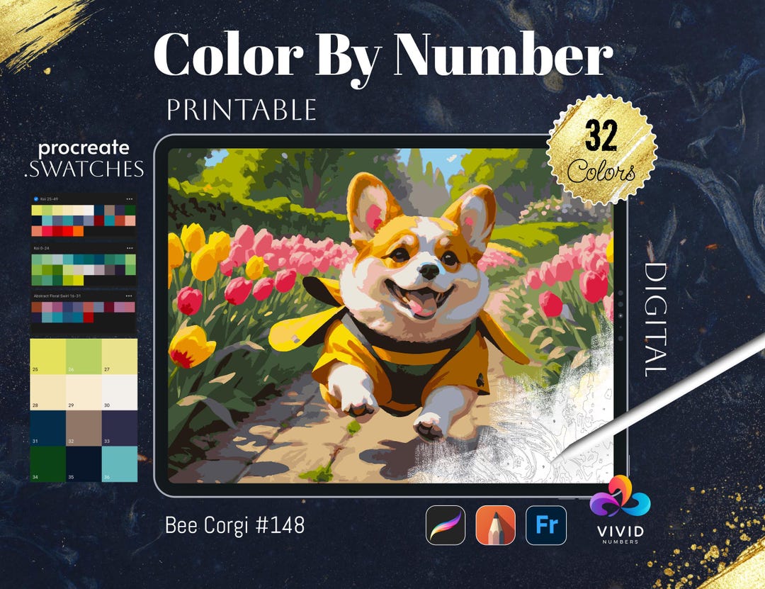 Bee Corgi Color by Numbers Paint by Numbers Digital Coloring Pages ...