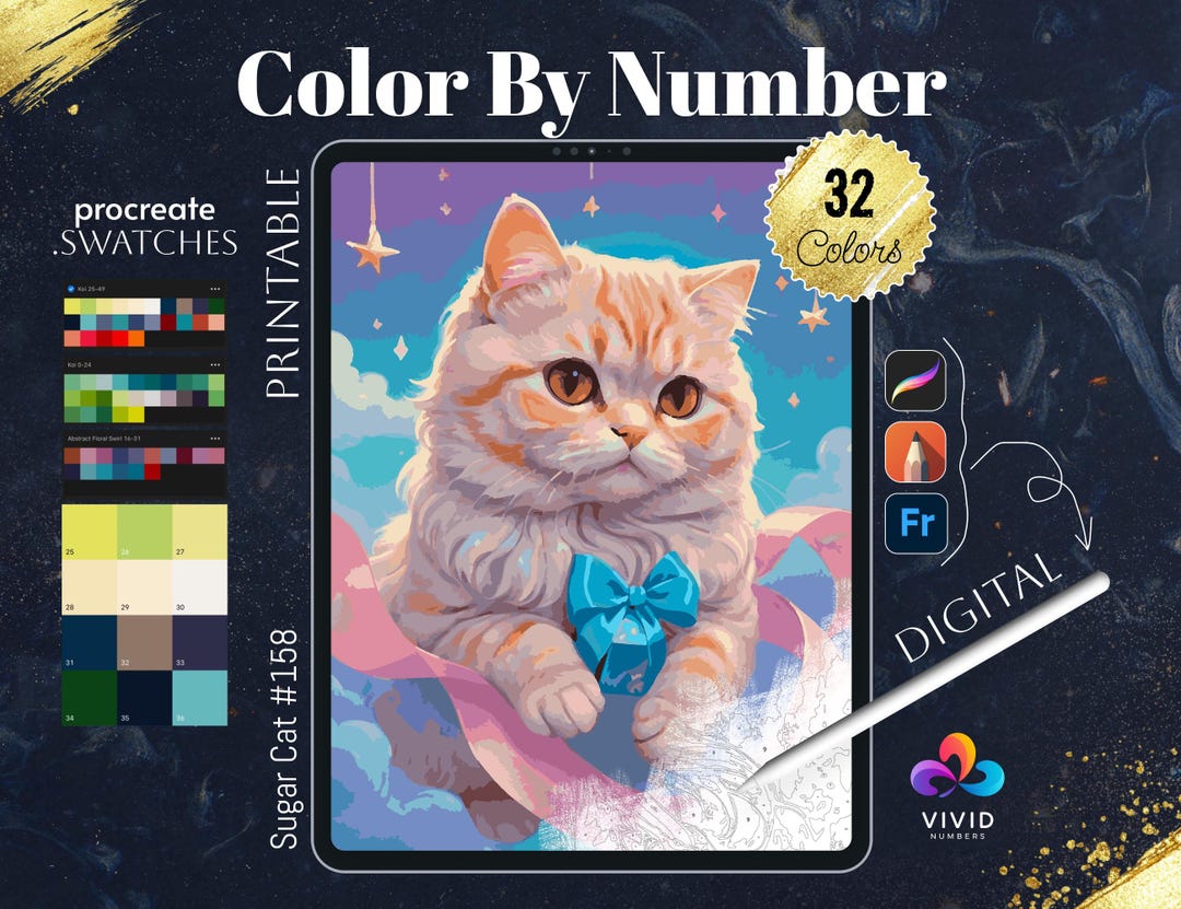 Cute Cat Color by Numbers for Adults Printable Paint by Numbers Digital ...