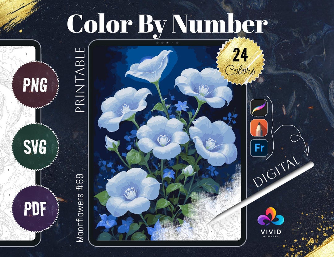 Moonflowers Coloring by Numbers for Adults Printable Paint by Numbers ...