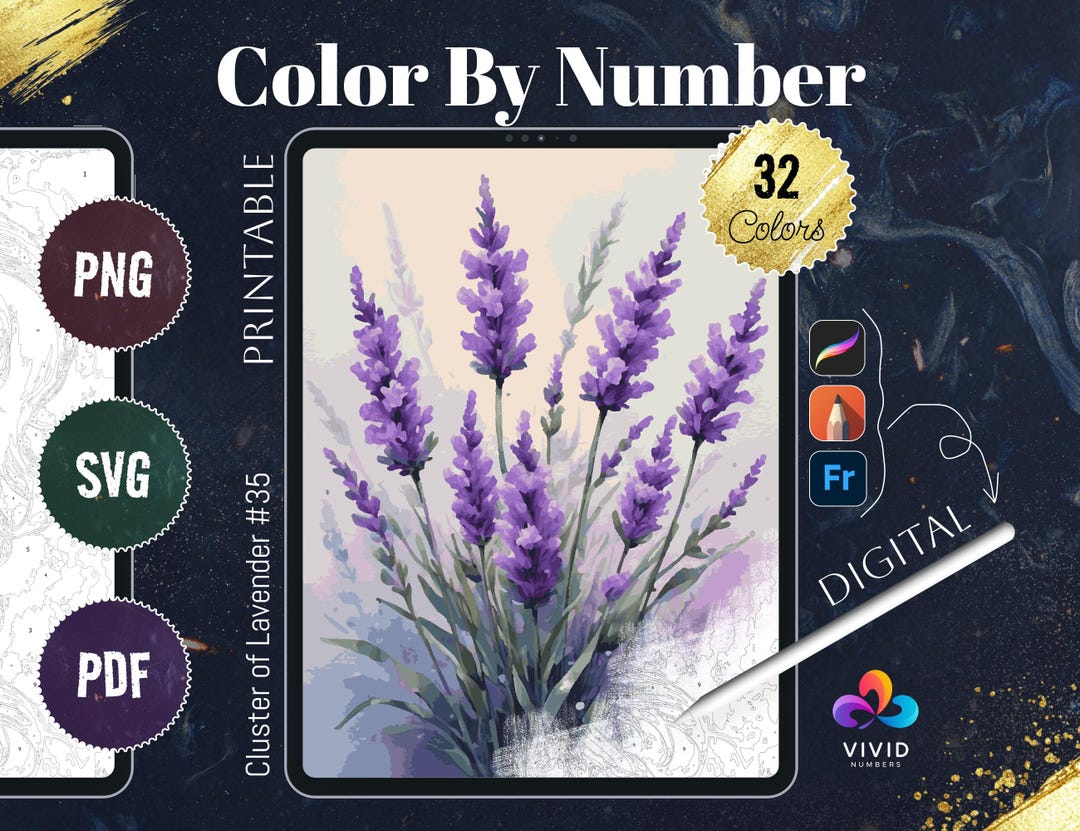 Cluster of Lavender Color by Number Printable PDF Paint by Numbers ...