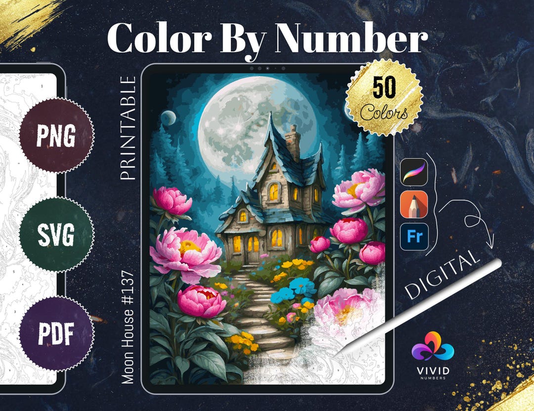 Moon House Color by Number Paint by Numbers Digital Coloring Procreate ...