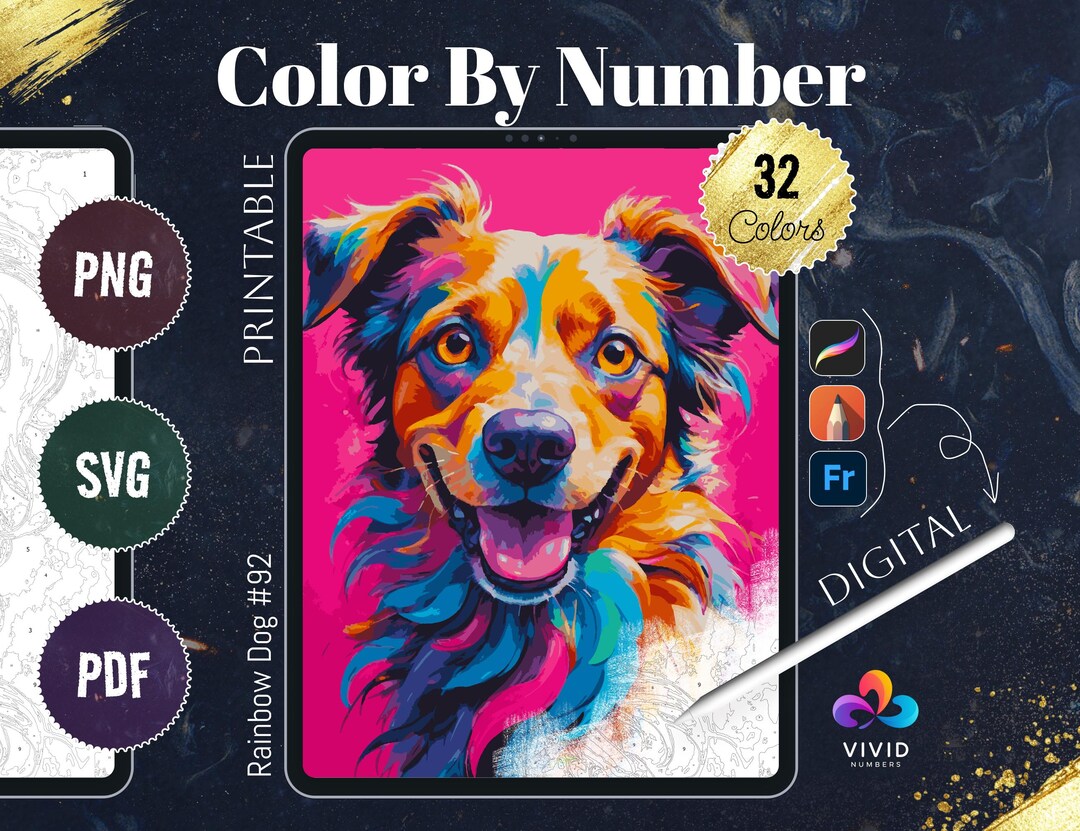 Rainbow Dog Coloring by Numbers Paint by Numbers Digital Coloring Pages ...