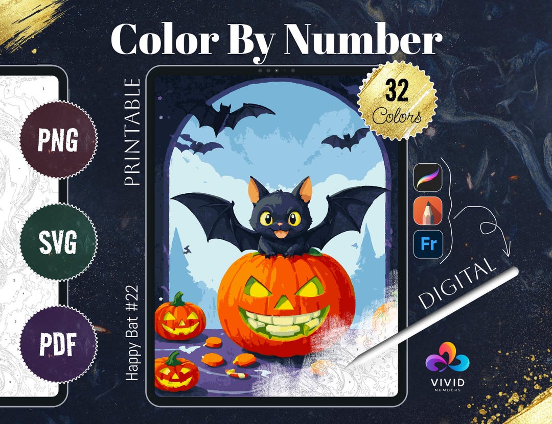 Happy Bat Color by Numbers for Adults Printable Paint by Numbers ...