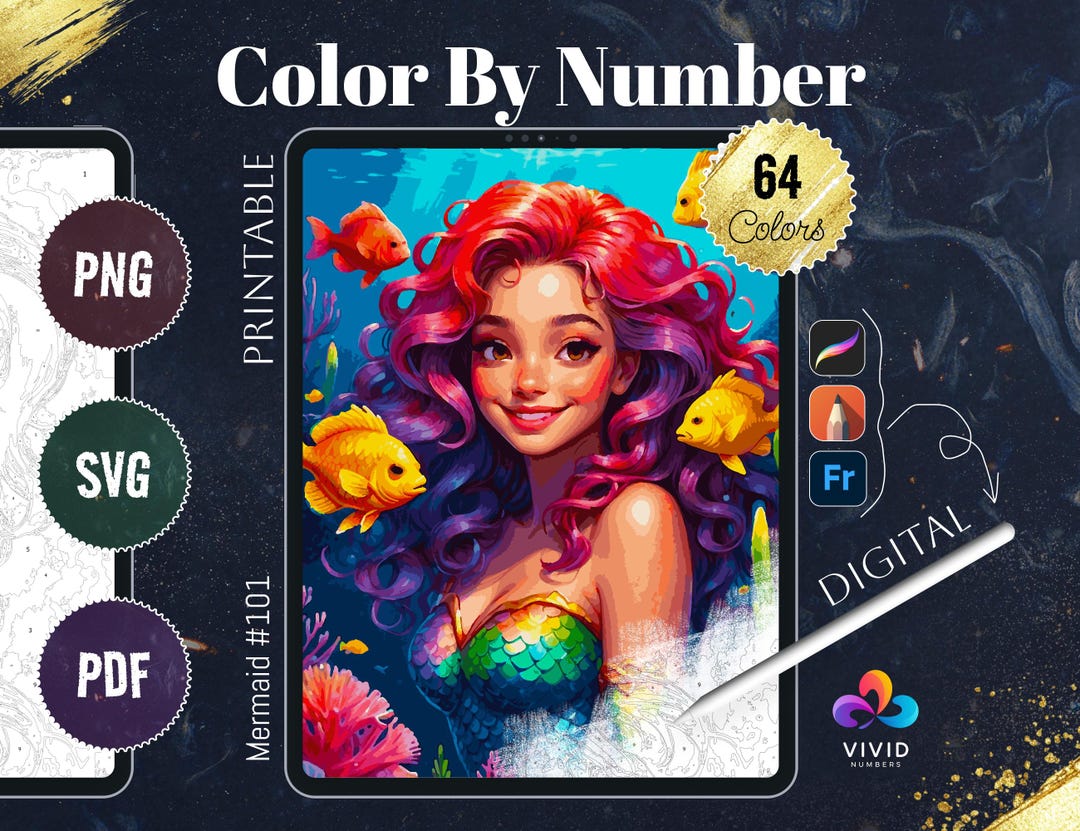 Mermaid Color by Numbers Printable Paint by Numbers Digital Coloring ...