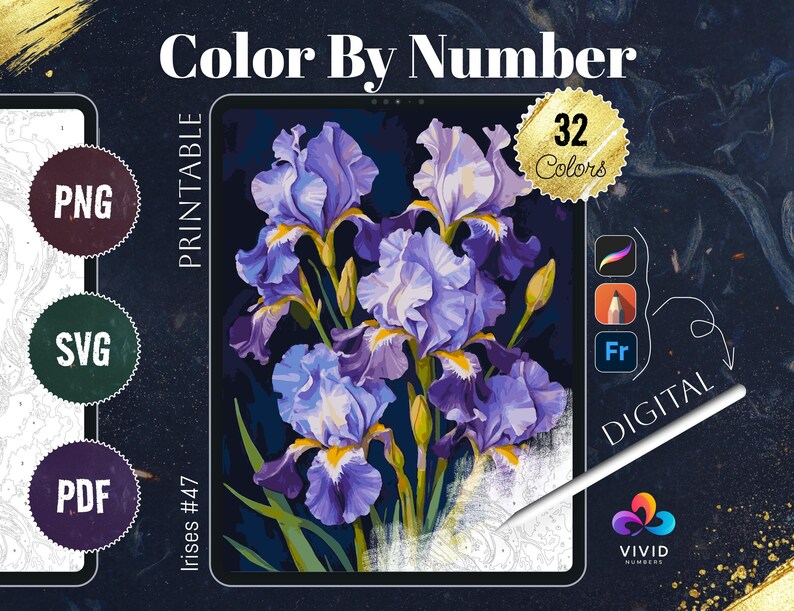Irises Coloring by Number Printable Paint by Numbers Digital Coloring ...