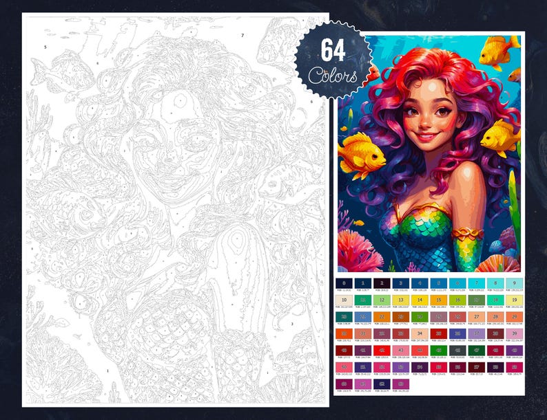 Mermaid Color by Numbers Printable Paint by Numbers Digital Coloring ...