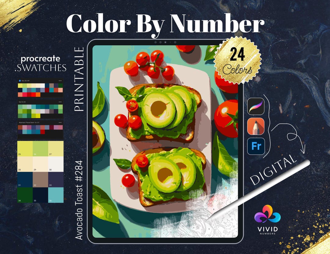 Avocado Toast Coloring by Number Paint by Numbers Digital Coloring ...