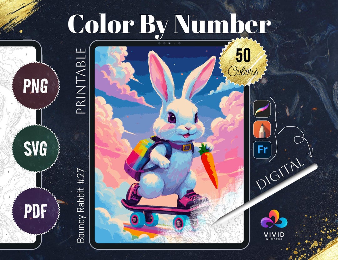 Rabbit Coloring by Numbers for Adults Printable Paint by Numbers ...