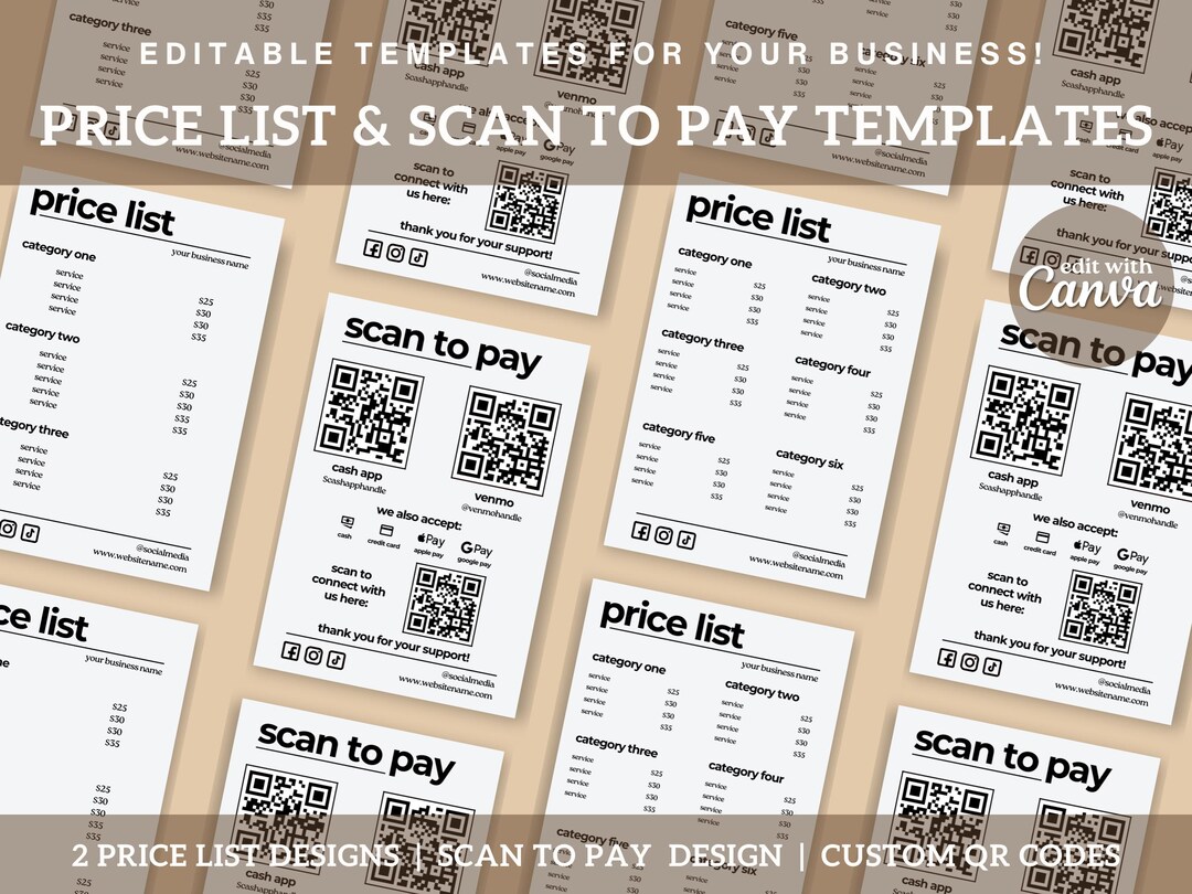 Clean Price List & Scan to Pay Templates - Black | Canva Editable ...