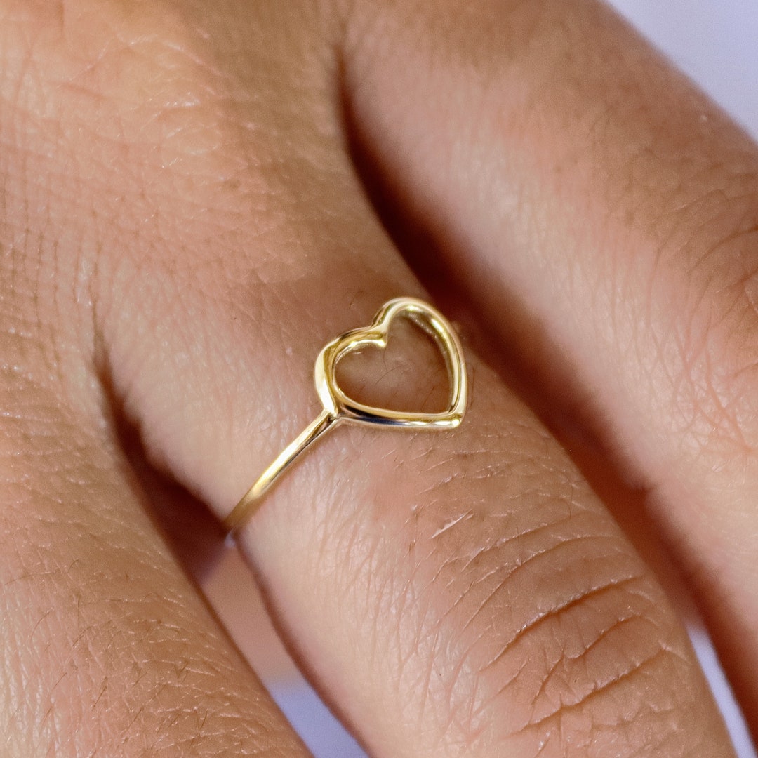 14K Solid Gold Open Heart Ring Band, Dainty Heart Shaped Rings ...