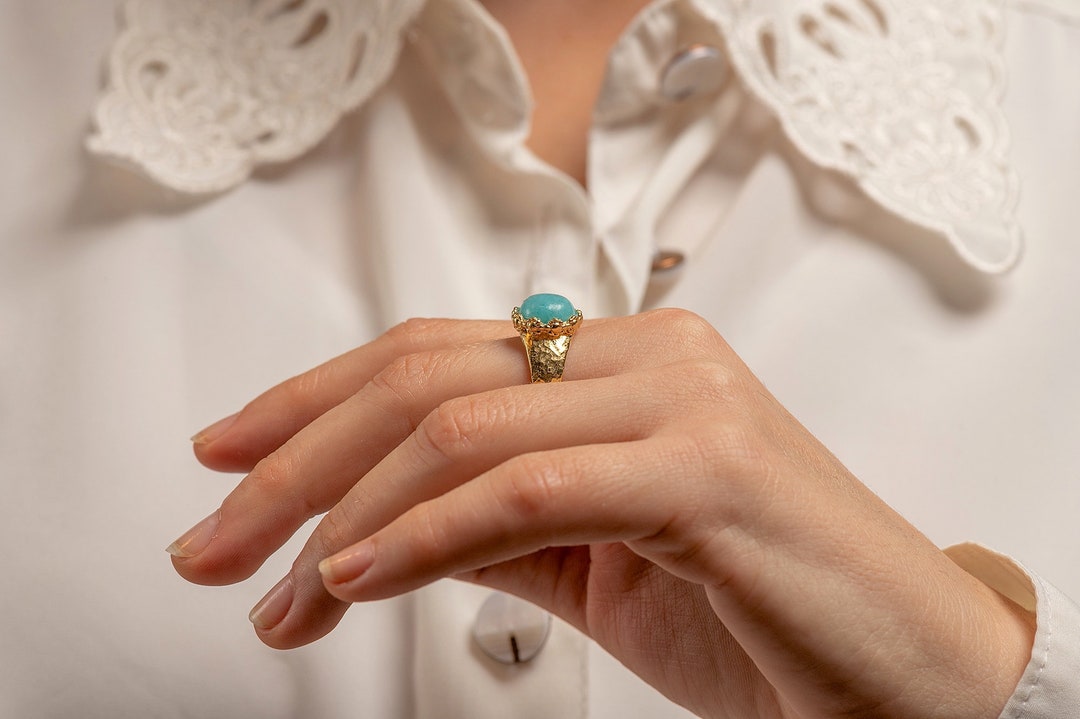 Aquamarine Gold Big Ring, 14k Solid Gold Hammered Band With Blue ...