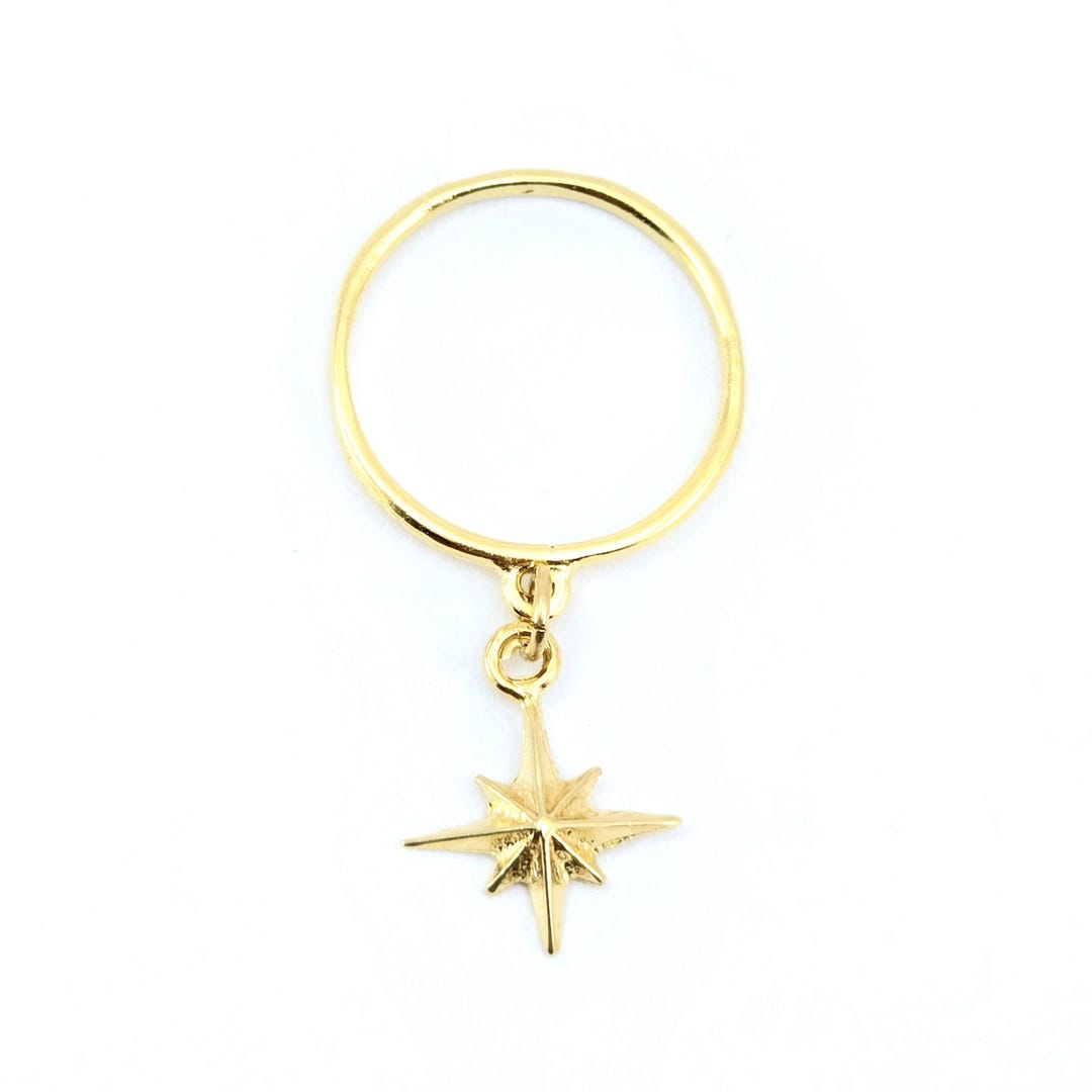Star 14k Solid Gold Charm Ring Band, Dangle Gold Ring, Stacking Gold ...