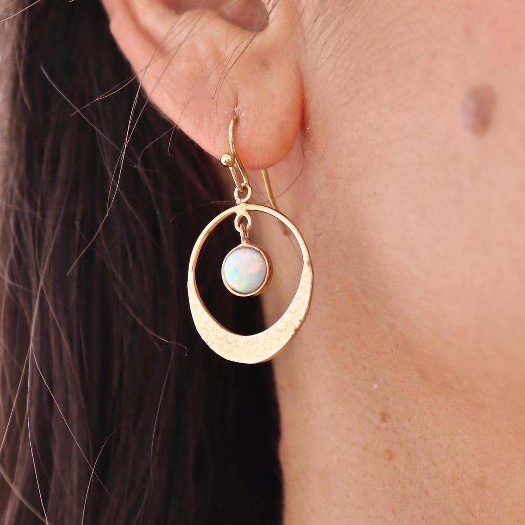 Opal Gold Dangle Hoop Earrings, White Opal Circle Earrings - Etsy