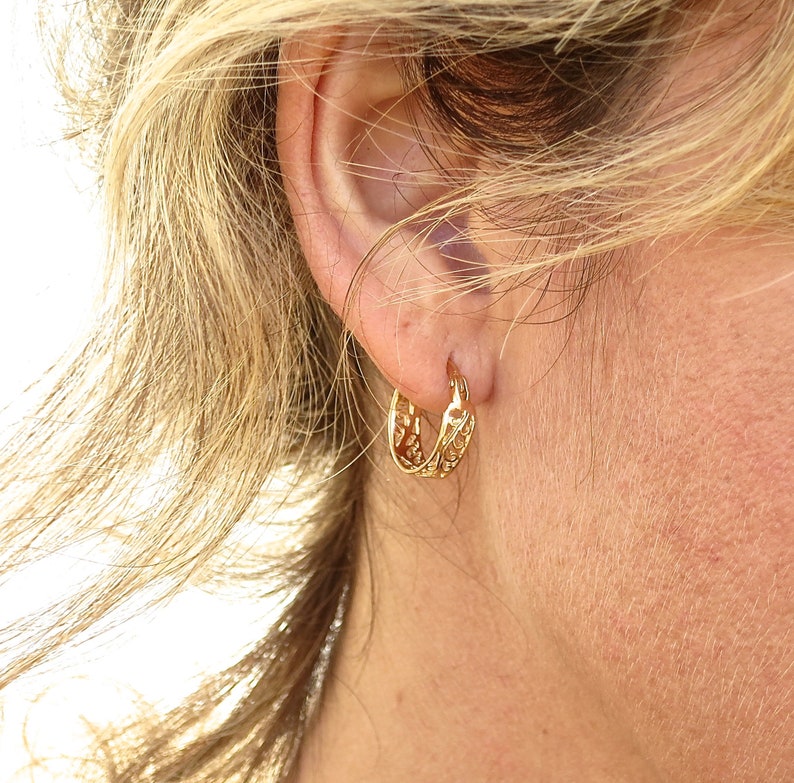 Filigree Gold Hoop Earrings for Women Wide Gold Hoops 14K - Etsy