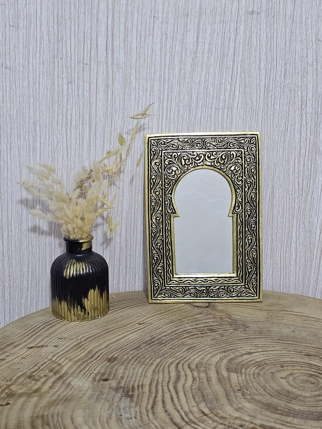 Ornate Moroccan Mirror, Engraved Black and Gold Brass, Arch Wall Decor ...