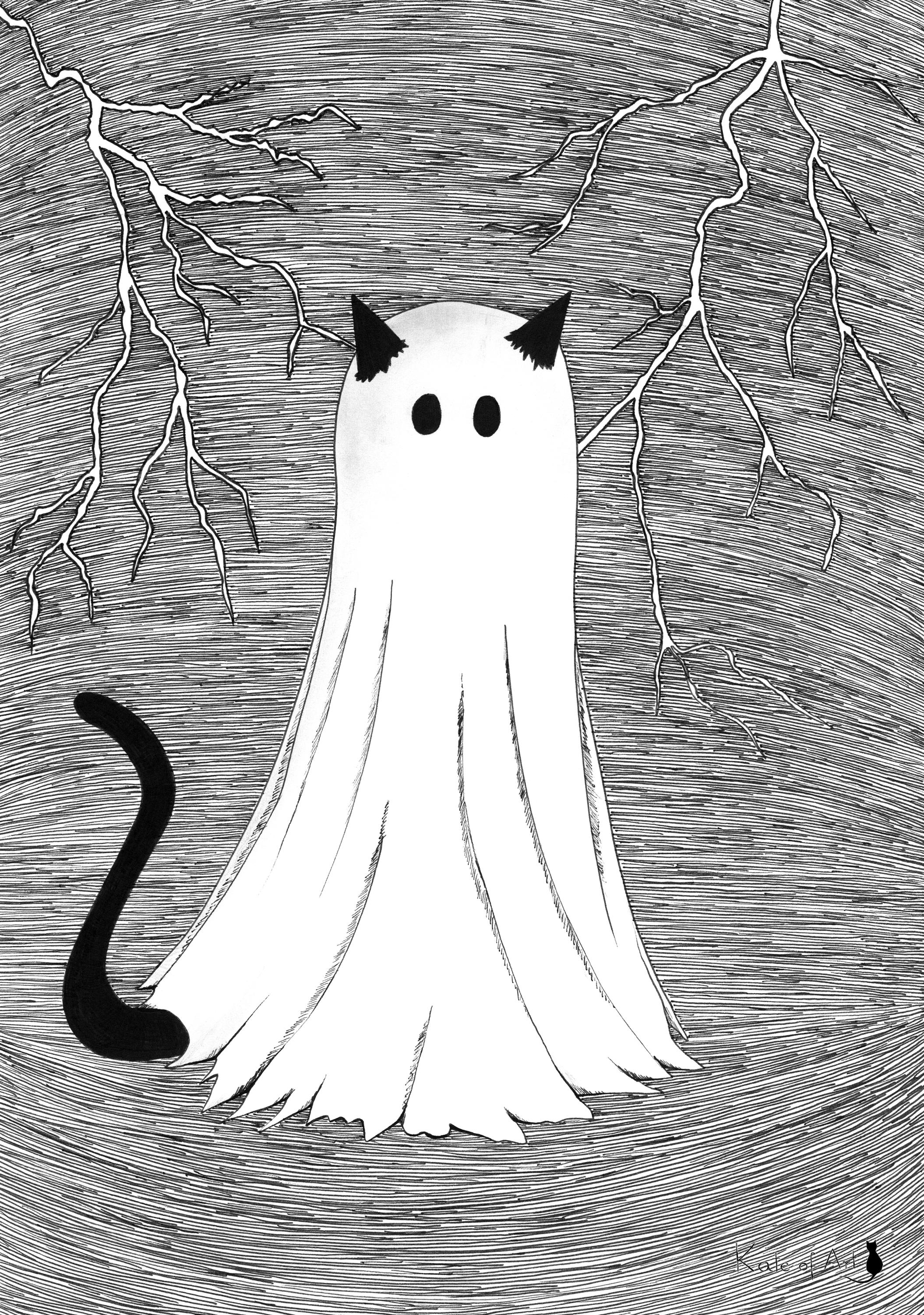 Halloween Night Printable Poster. Scary Cat-ghost and Lightning ...